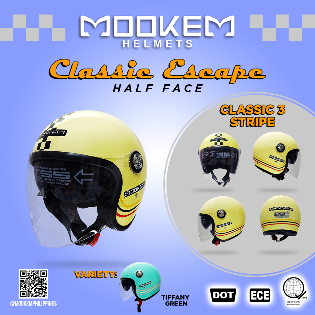 Mookem Helmets P001-Classic 3 Stripe- Classic Half Face Dual Visor ...