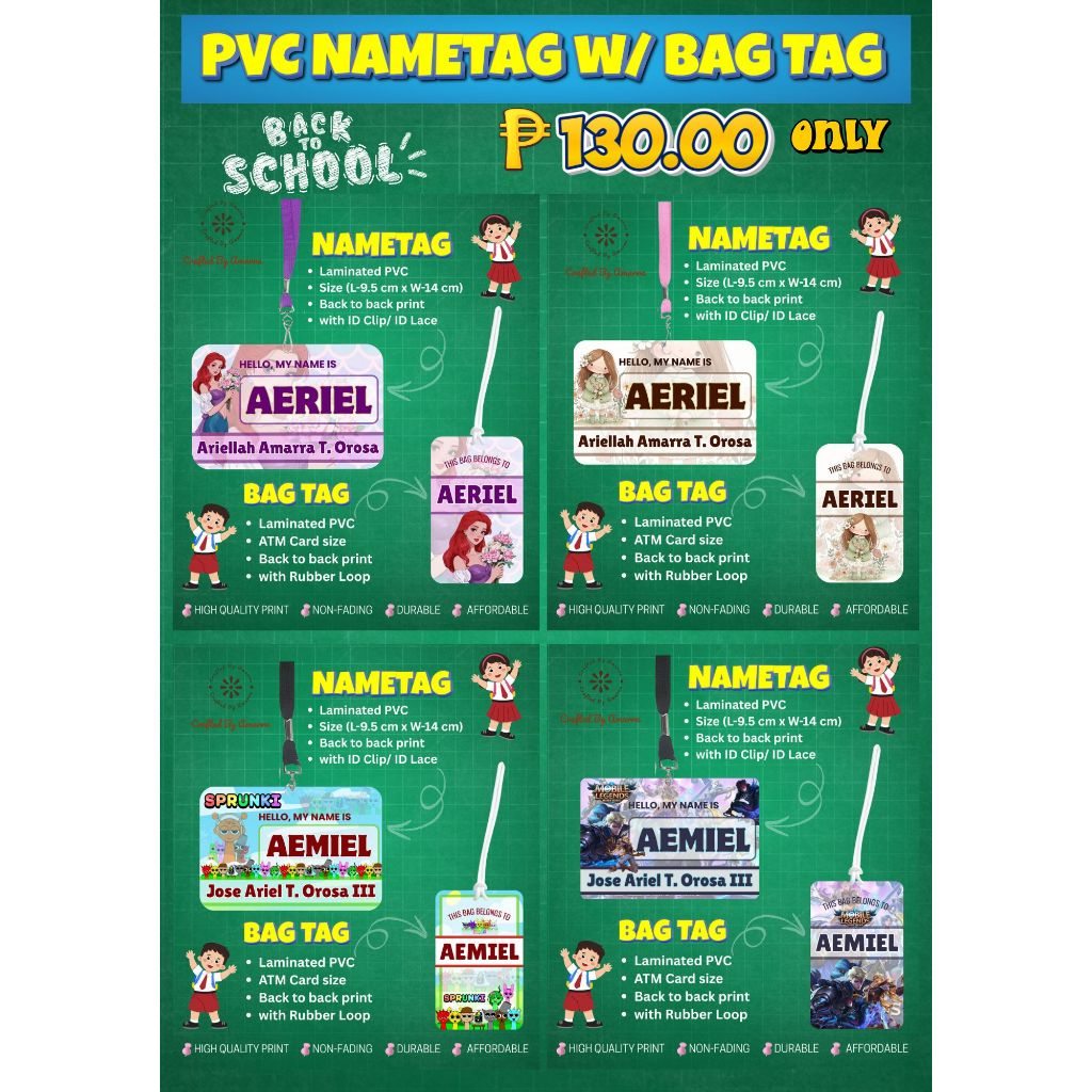 GIRLY DESIGN PVC NAME PLATE W/ BAG TAG/ LAMINATED PVC NAME PLATE WITH ...