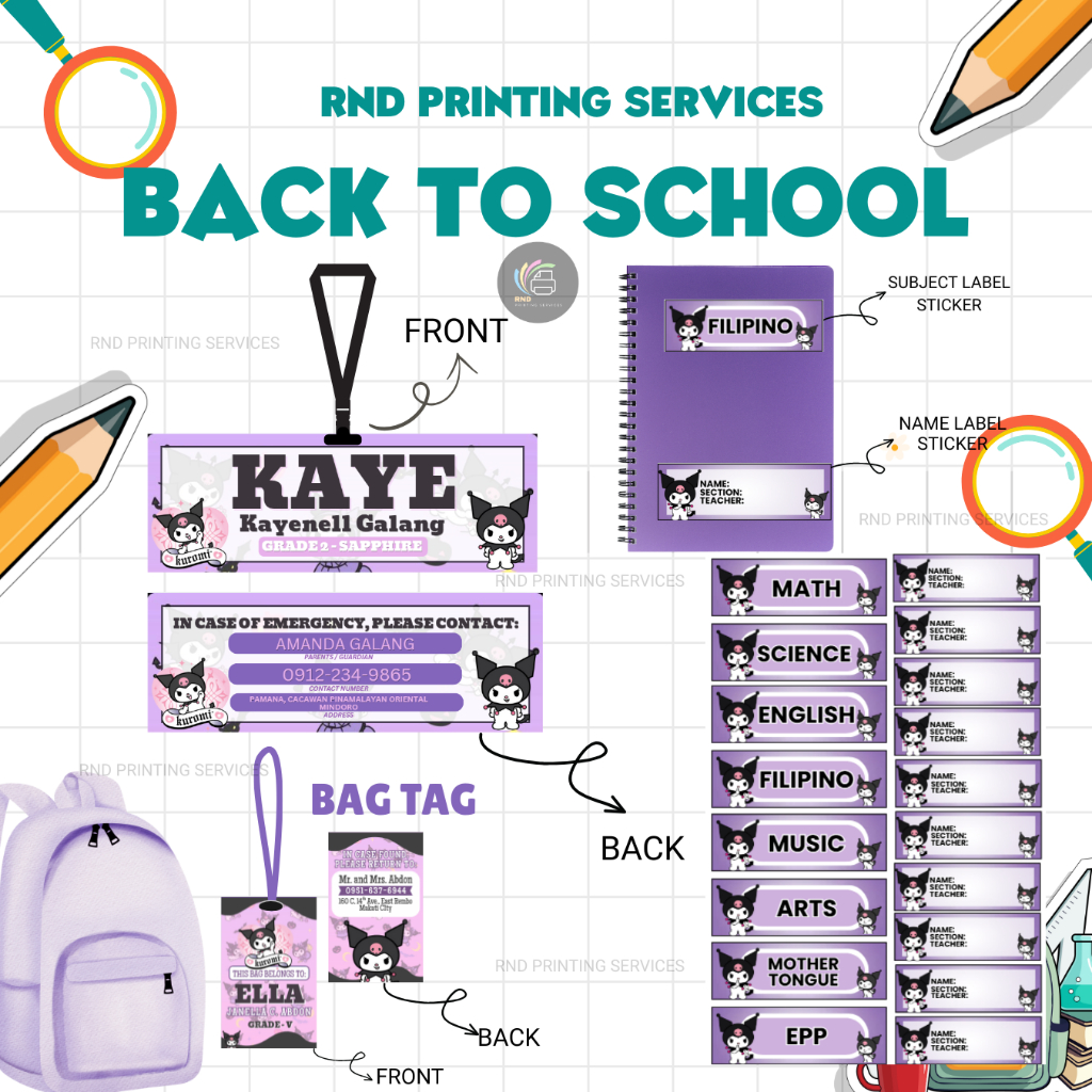 Name Tag, Subject Sticker Label, Name Sticker Label and Bag Tag /Back ...