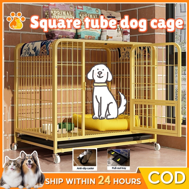 Sturdy square tube dog cage large active space with poop tray heavy ...