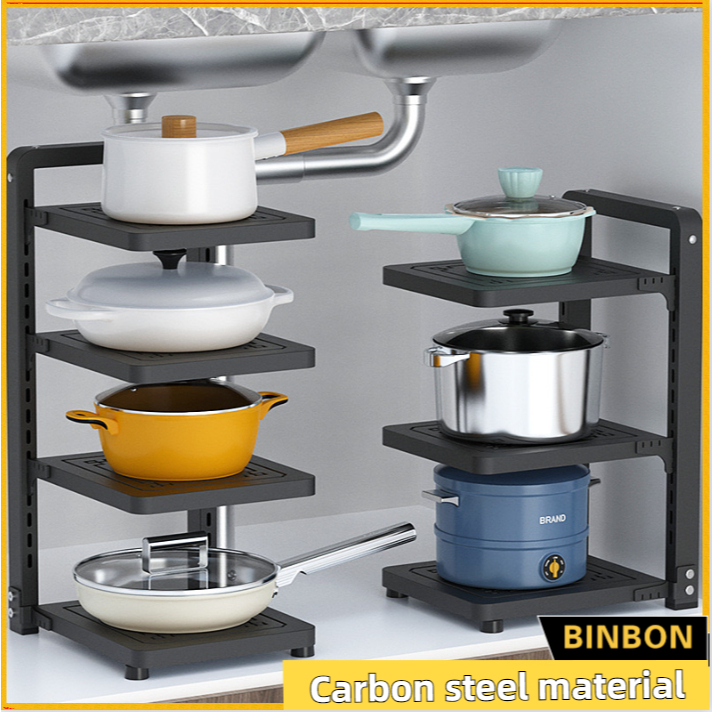 Kitchen Pan Organizer Pot Rack Adjustable Countertop Steel Rack Under ...