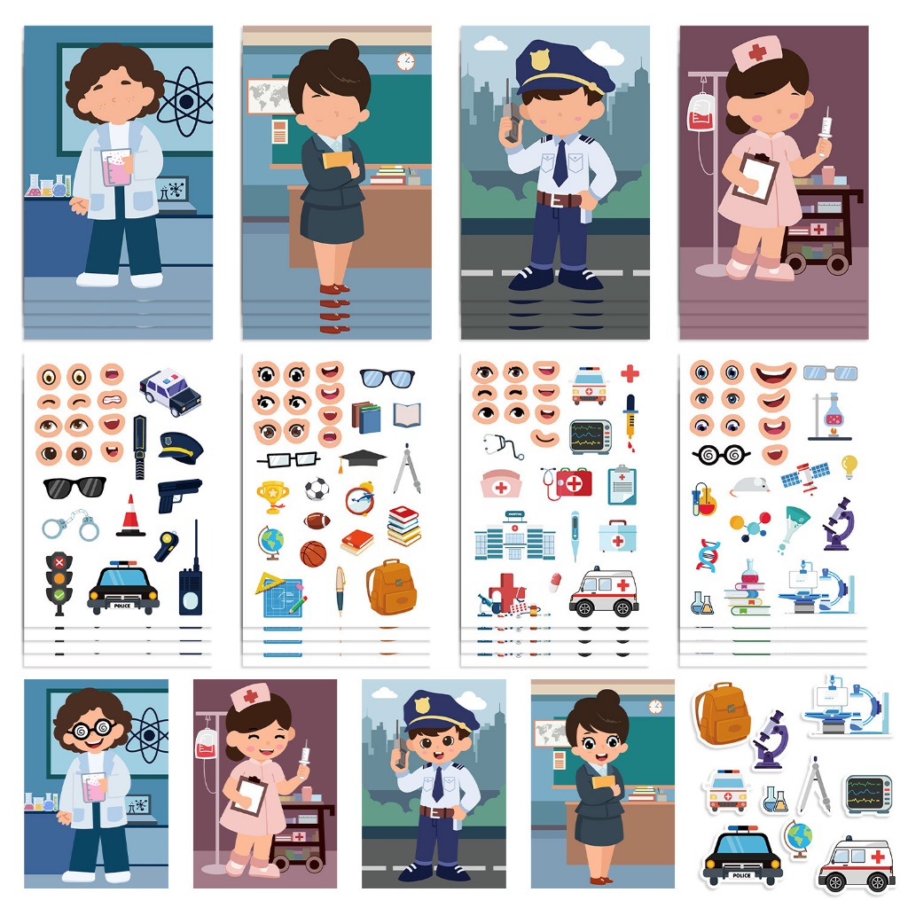 8Sheets/set Police teacher doctor Stickers DIY Sticker Make A Face ...