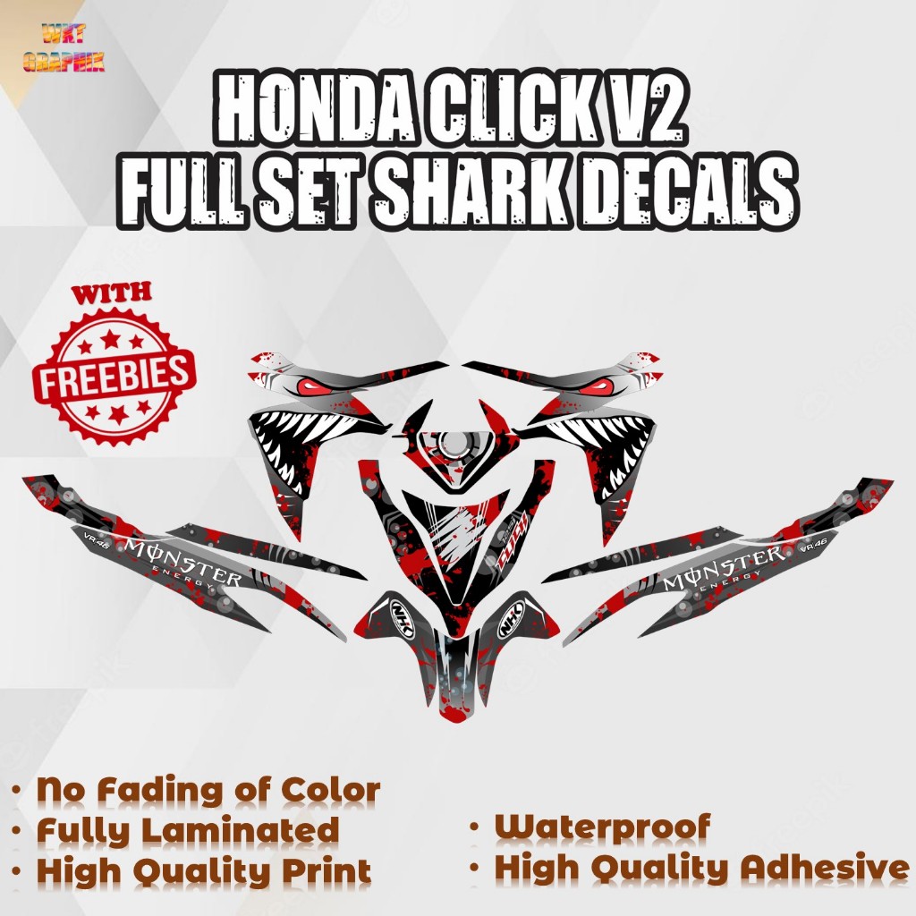 HONDA CLICK V2 FULL SET SHARK DECALS (WATERPROOF, LAMINATED, FADE PROOF ...
