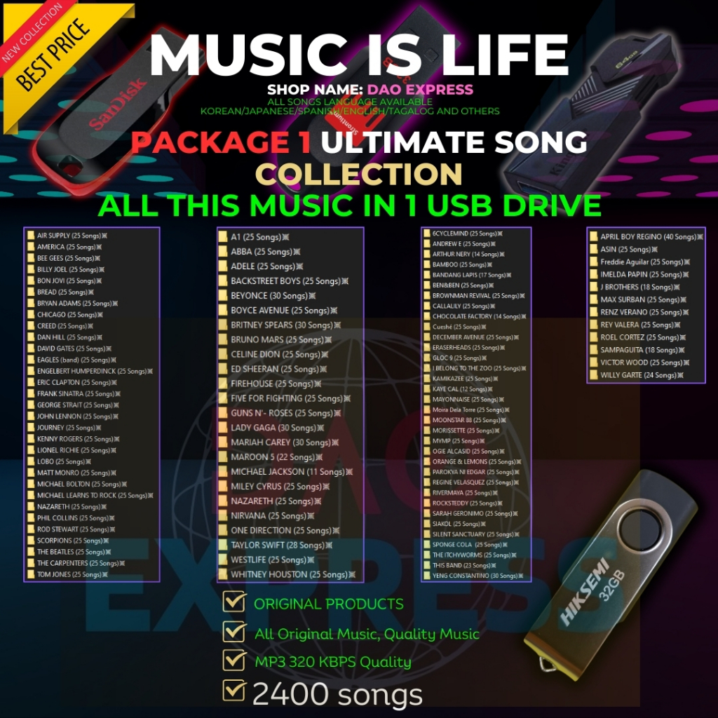 USB FLASHDRIVE May laman ng mga kanta 320 kbps Music Song Collection ...