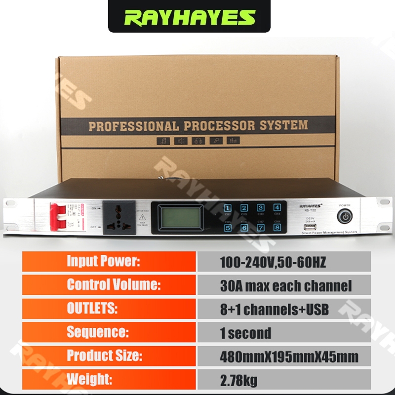 RAYHAYES RS-T22 Power Sequencer Professional 8-Way Switch Sequence Controller Stage Conference ...