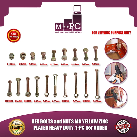 MICRO PC HEX BOLTS and NUTS M8 YELLOW ZINC PLATED HEAVY DUTY, 1-PC per ...
