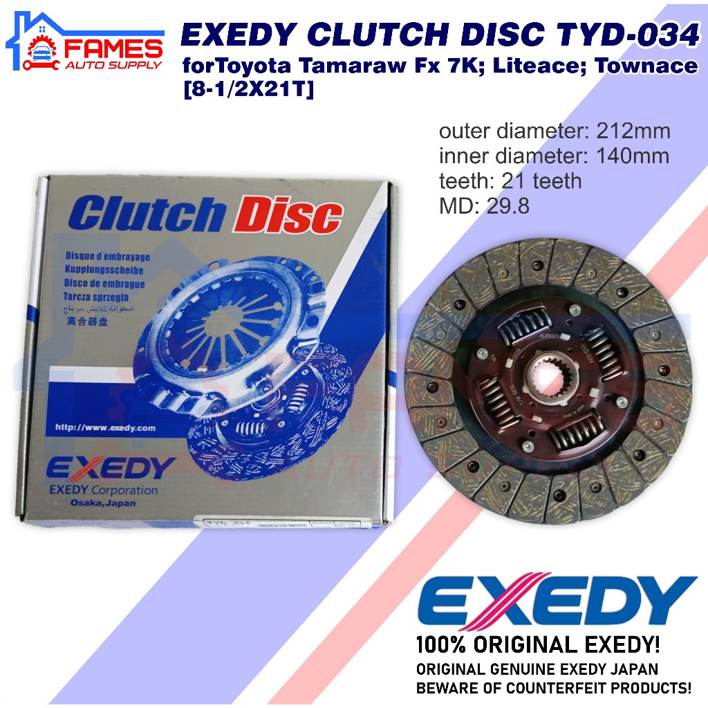 Exedy Clutch Disc (TYD-034) Toyota Tamaraw Fx 7K / Liteace / Townace (8 ...