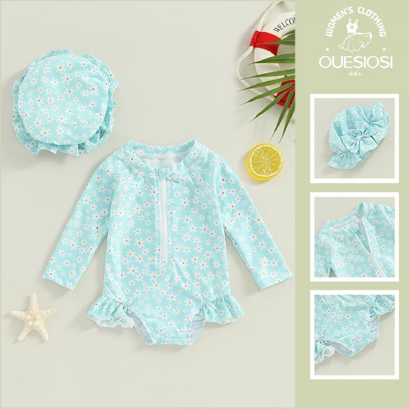 Girls Rash Guard Swimsuit Rompers Long Sleeve Floral Print Baby Ruffles Bathing Suit Swimwear ...