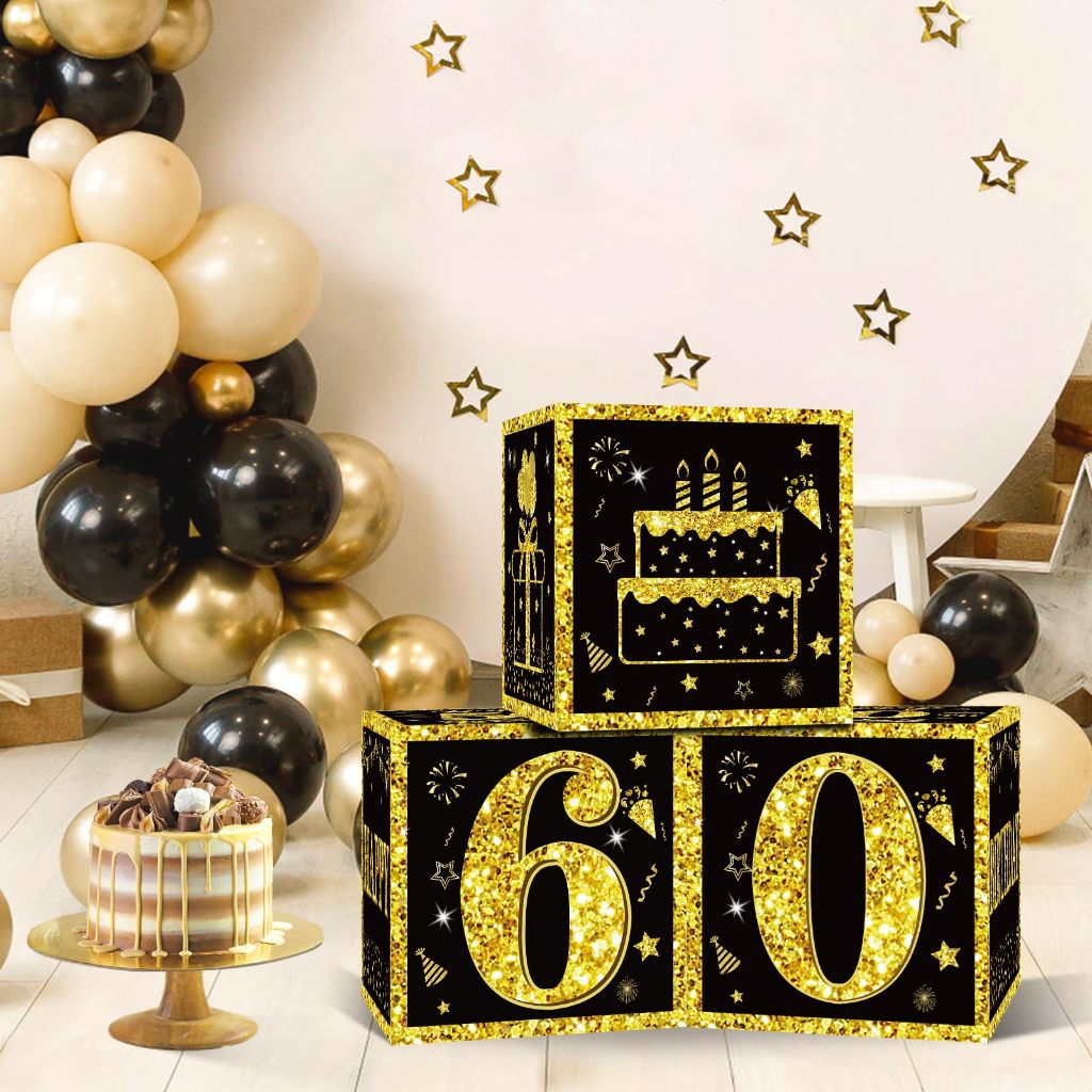 3pcs 60th 70th Birthday Decorations Boxes Black Gold Happy Birthday Balloons Boxes Anniversary ...