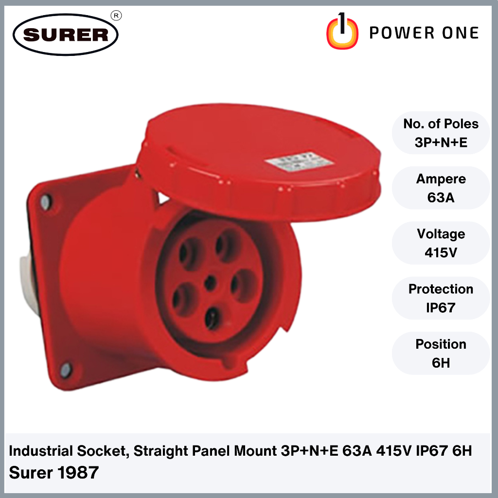 Surer 1987 Industrial Socket, Straight Panel Mount 3P+N+E, 63A 415V ...