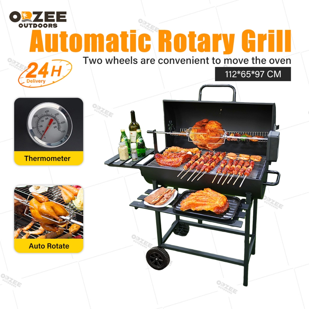 Auto Rotary Barrel Charcoal Grill with Side Table Outdoor BBQ for ...