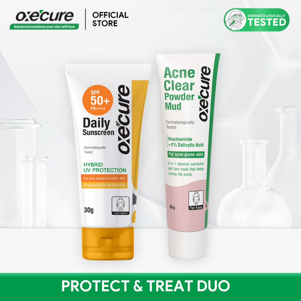 OXECURE Protect & Treat Duo (Acne Clear Powder Mud 30g, Daily Sunscreen ...
