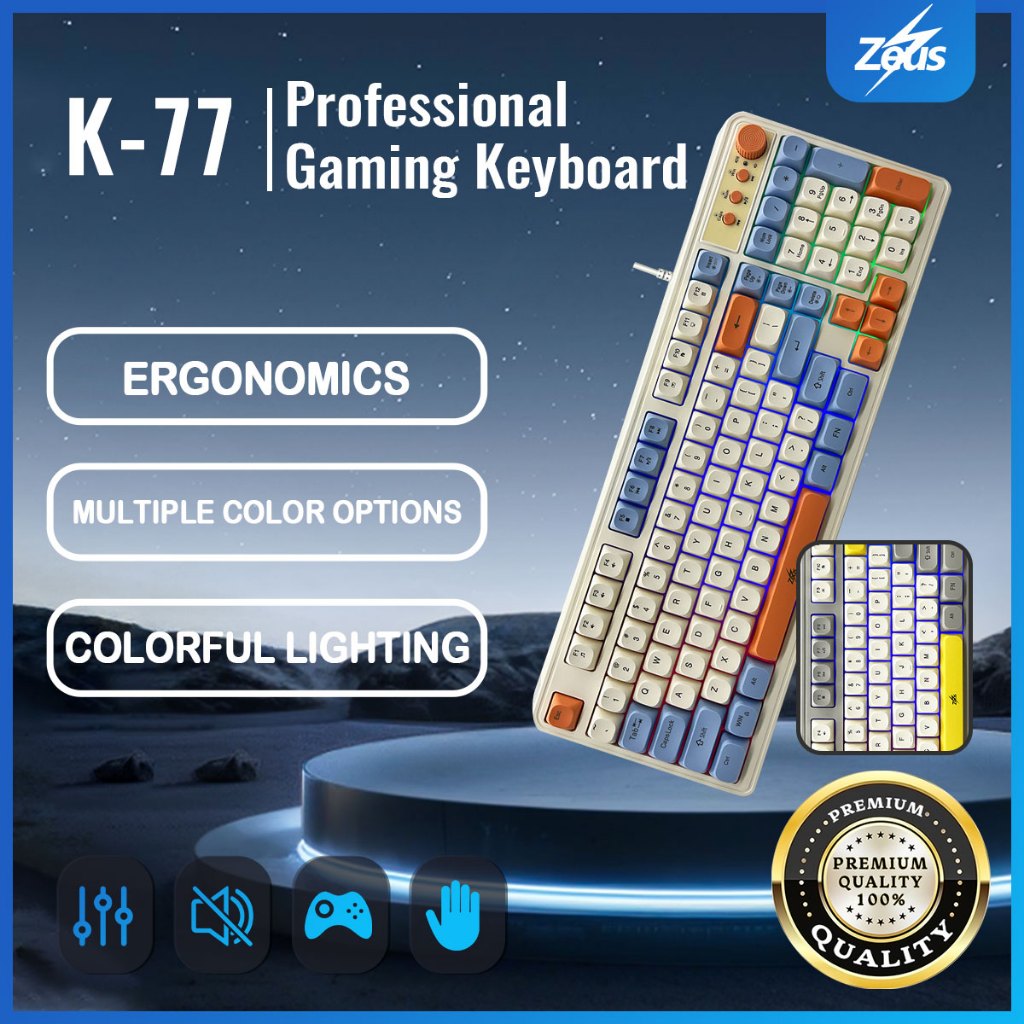 Zeus K77 98 Keys Wired Gaming Keyboard USB Mechanical Feel With Volume Knob Control Media ...