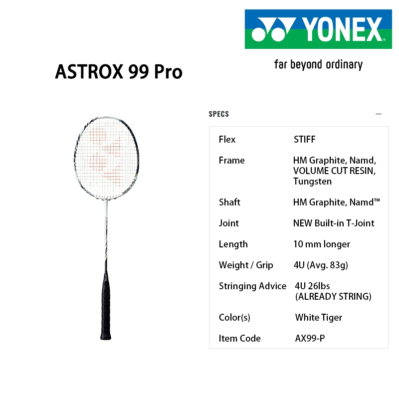 YONEX ASTROX 99 PRO White Tiger Badminton Racket Full Carbon Single 4U 26Lbs 83g Made In Japan ...