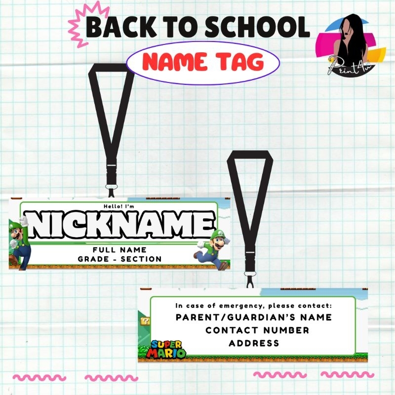 Name Tag Super Mario Laminated - Nameplate for students Luigi Back to ...