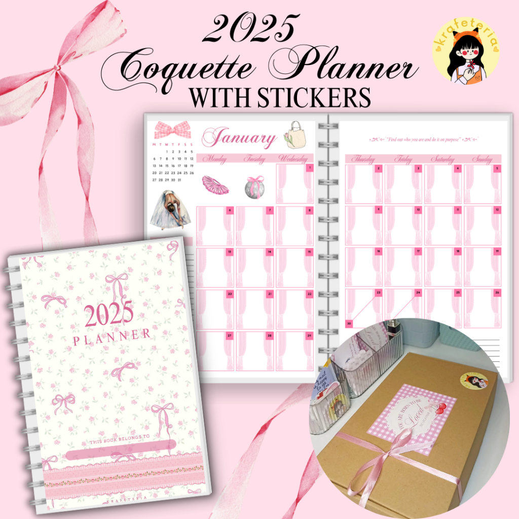 2025 Pink Coquette Planner with Stickers 100GSM | A5 2025 Planner Dated ...