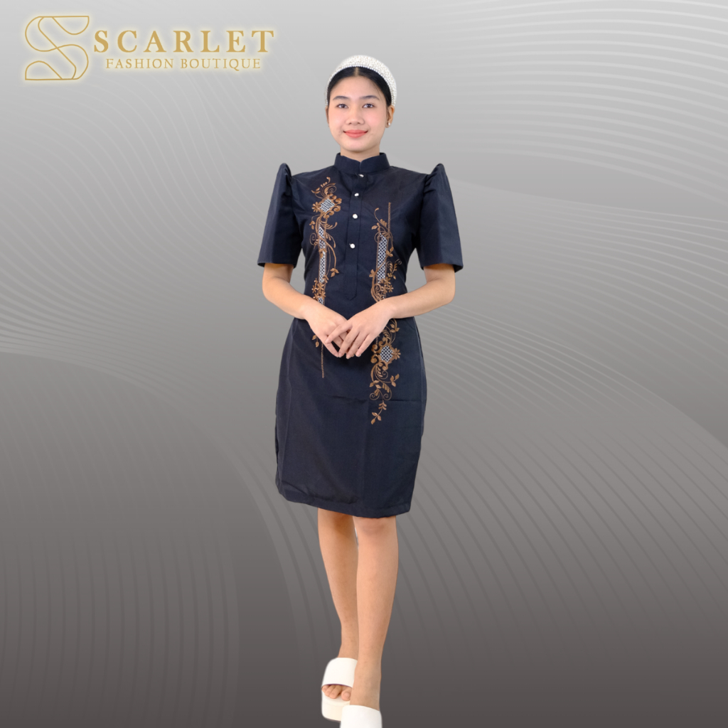 Modern filipiniana Black dress embroidered filipiniana with collar Hugo ...