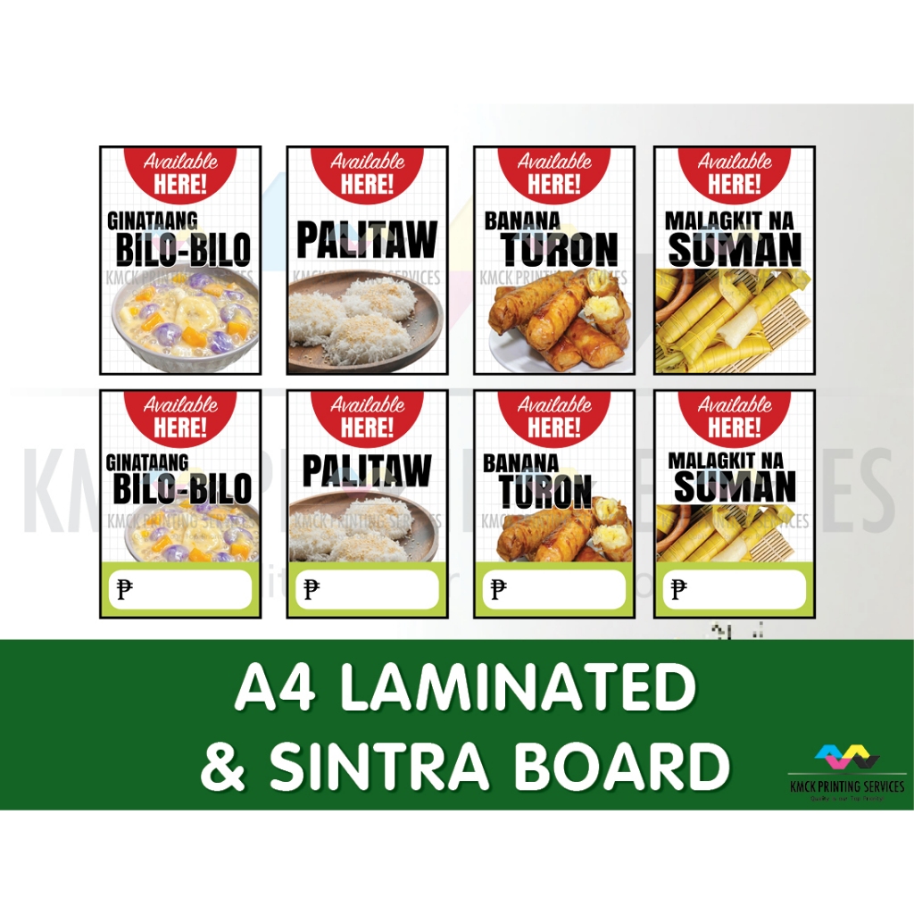 Available Here BILO-BILO, PALITAW, TURON, SUMAN Signages Laminated ...