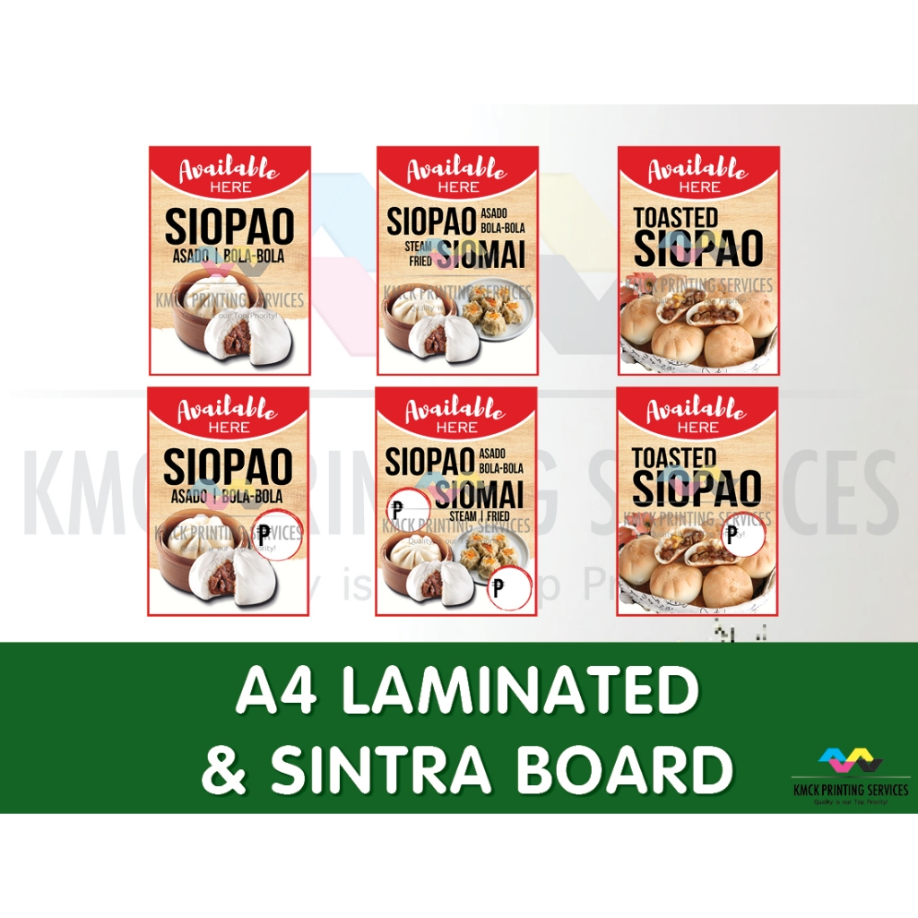 Food Signages Siopao, Siopao and Siomai, Toasted Siopao Laminated ...