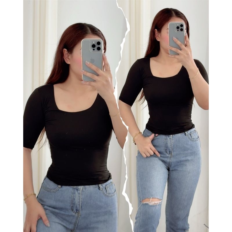 Women's 3/4 Squareneck double lining Basic top BL001 | Shopee Malaysia
