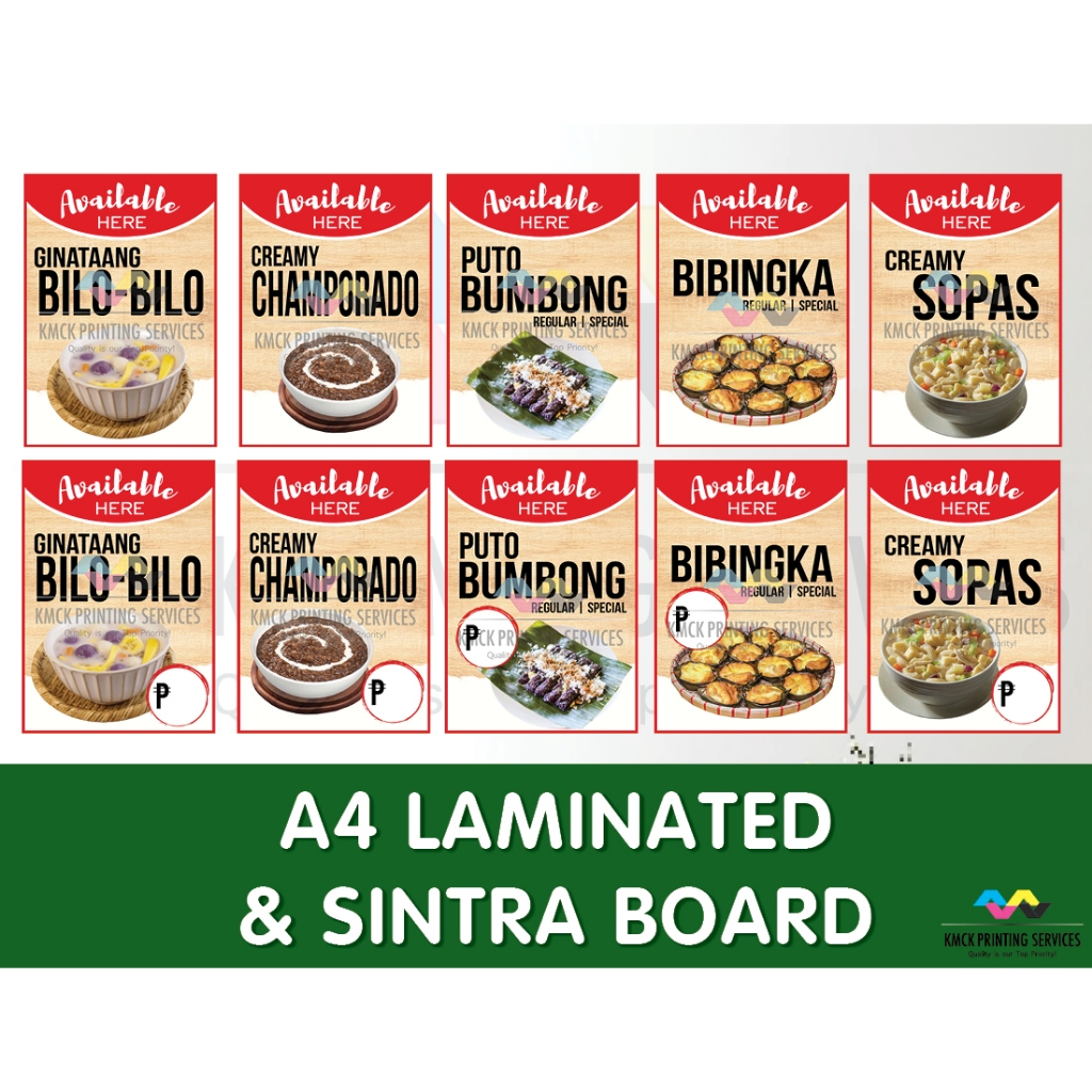 Food Signages Bilo-bilo, Champorado, Puto Bumbong , Bibingka, Sopas ...