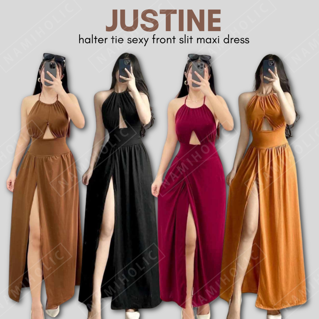 Namiholic Justine Halter Tie Sexy Front Slit Maxi Dress I Cotton Spandex Fabric I XS to SMALL ...