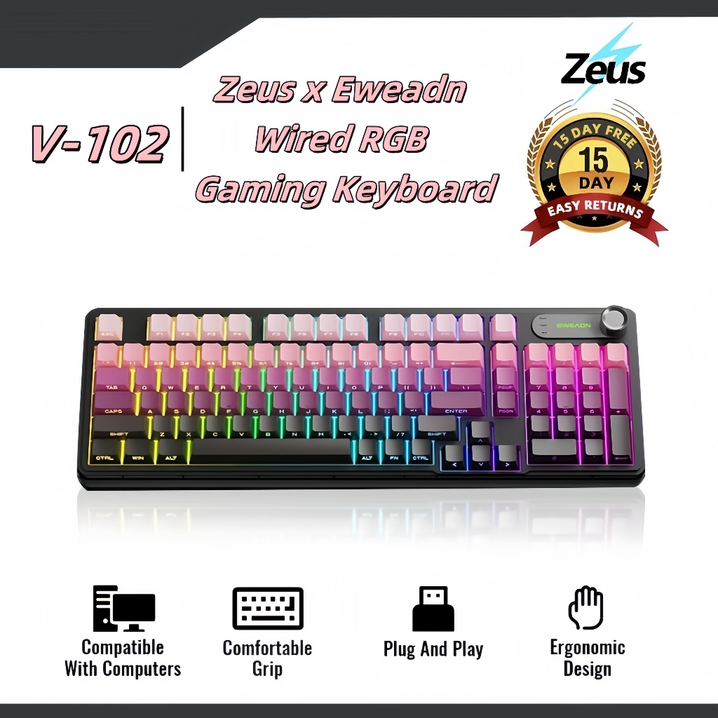 Zeus V102 RGB Mechanical Feel Keyboard 16M RGB Colors Silent Typing ...