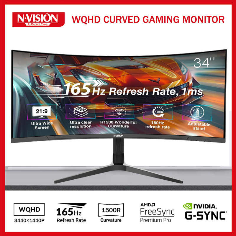 Nvision 34" Curved Gaming Monitor 21:9 WQHD 3440x1440 165Hz 1500R ...