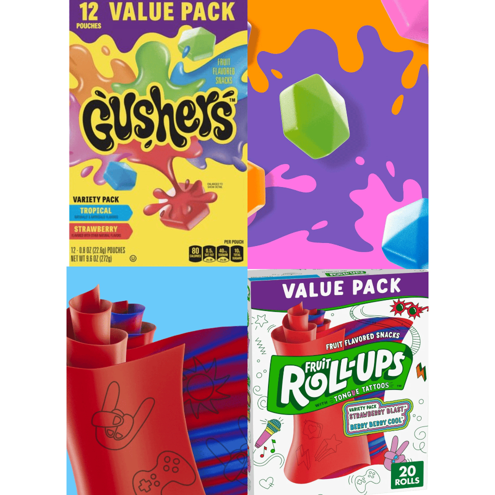 Fruit Roll-Ups 20 Pack / Fruit by the Foot Gushers 12 Pack - USA Origin ...