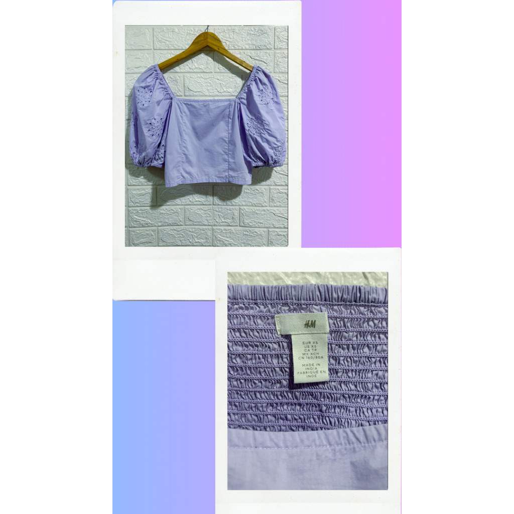 H.&M. 100% cotton eyelet lace semi puff short sleeve crop top preloved G | Shopee Malaysia