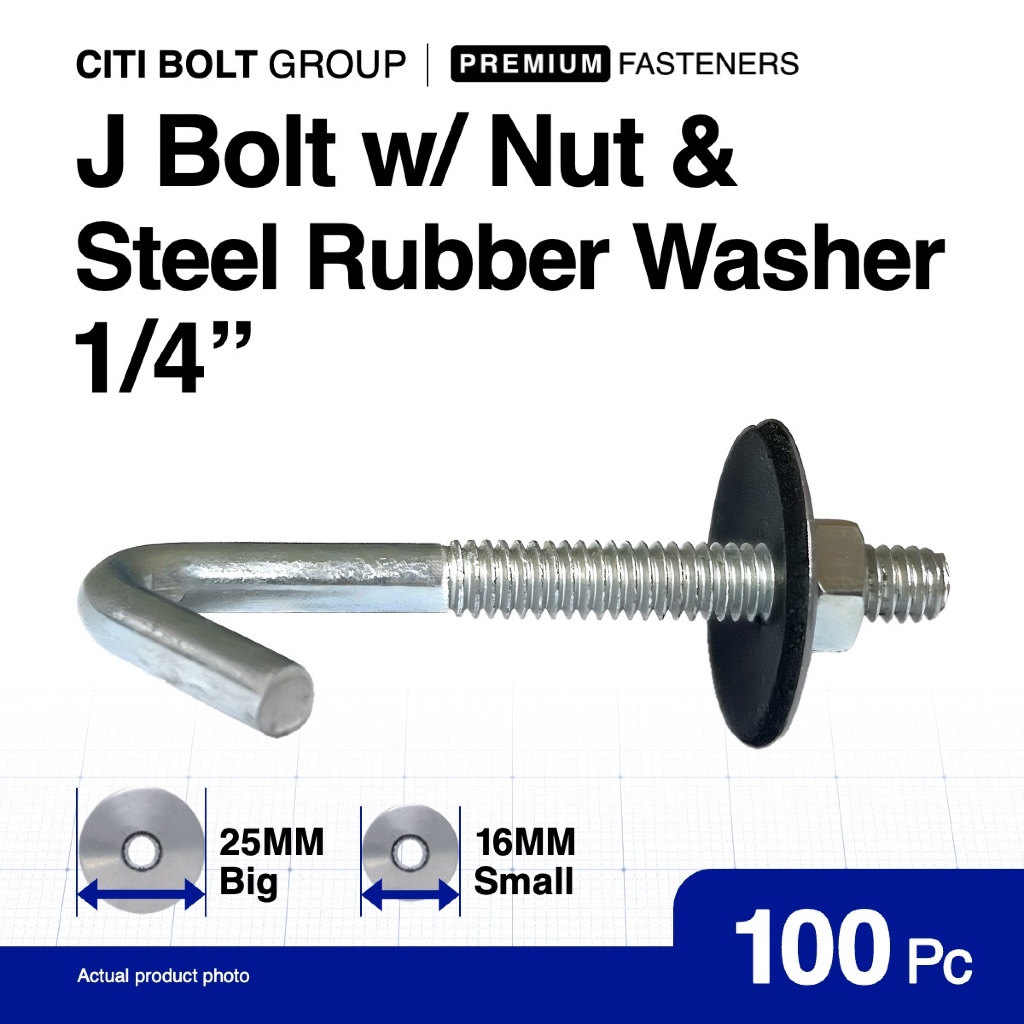 100pc 1/4 (6MM) J Bolt with Nut & Steel Rubber Washer | Hook Bolt for ...