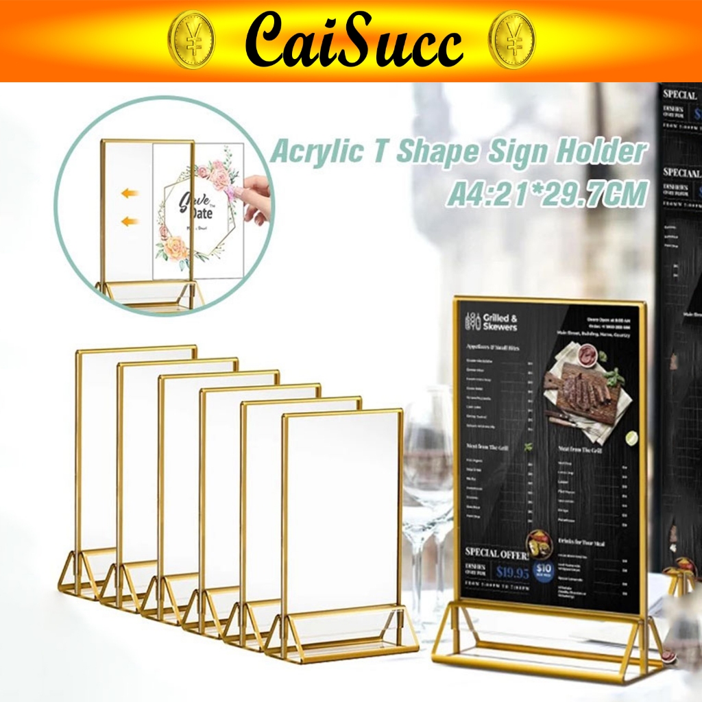 A4 Gold-Edge Acrylic Sign Holder – Double-Sided T-Stand for Menus ...
