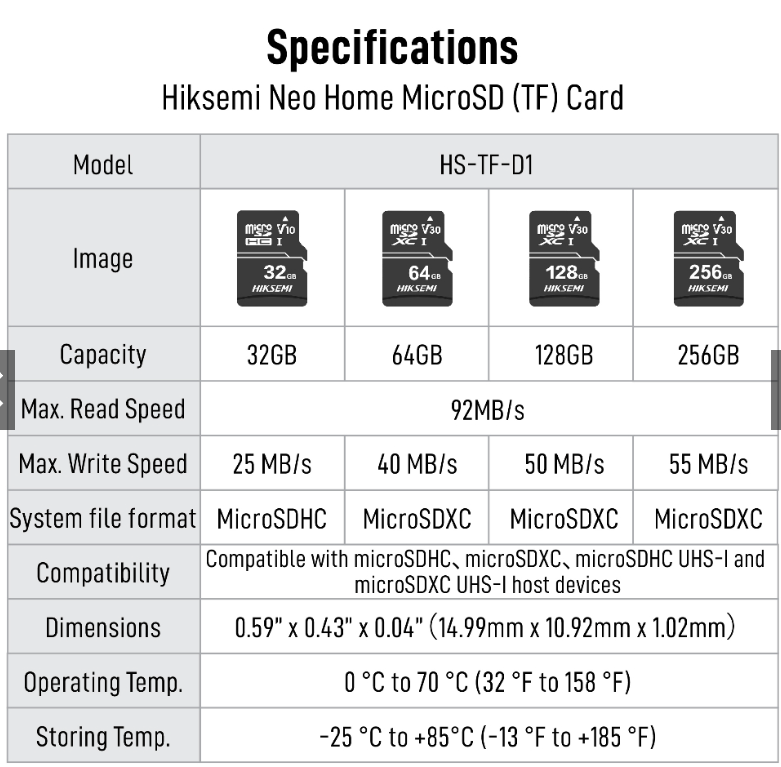 HIKSEMI Neo Home 128GB Memory Card Class 10 Camera Phone High Speed UHS-I Micro TF SD Card ...