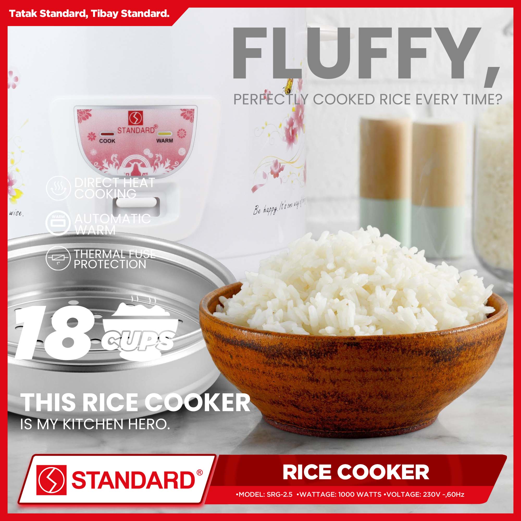Standard Rice Cooker 2.5 Liters with Steamer 18 Cups of Rice with ...