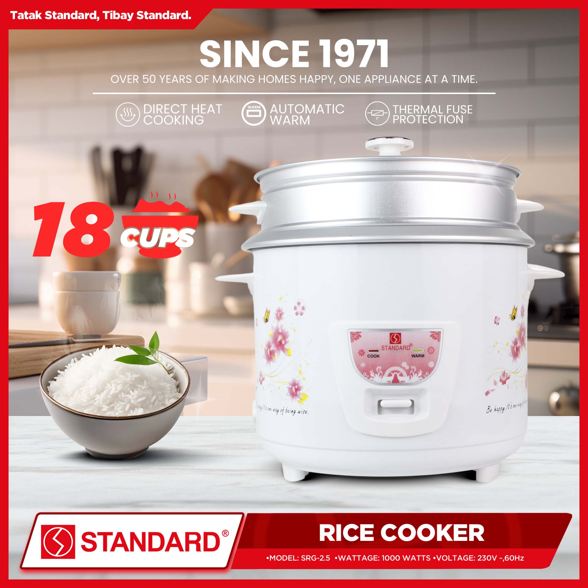 Standard Rice Cooker 2.5 Liters with Steamer 18 Cups of Rice with ...