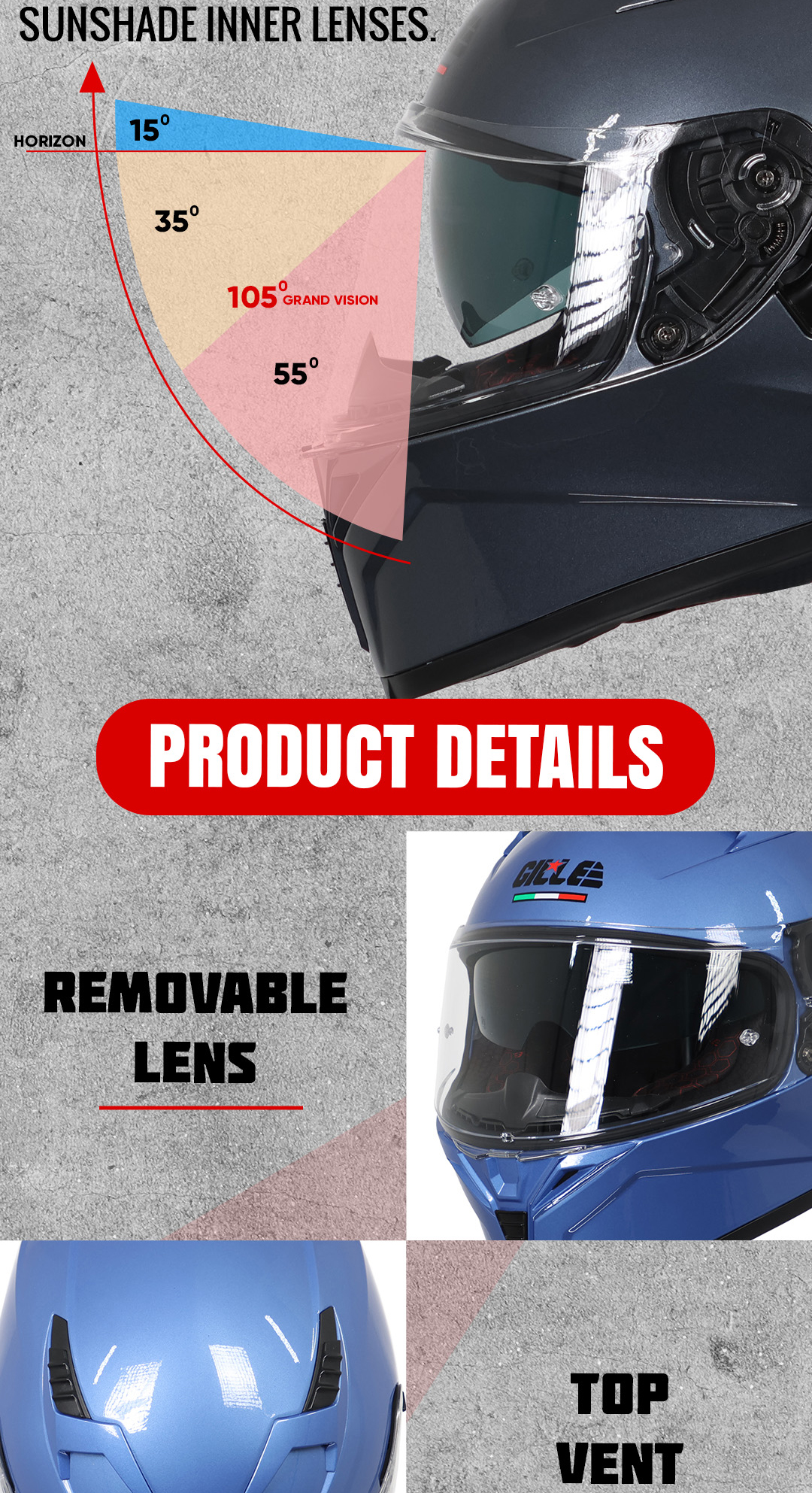 GILLE 843 CIRCUIT Plain Color Motorcycle Helmet Full Face Dual Visor ...