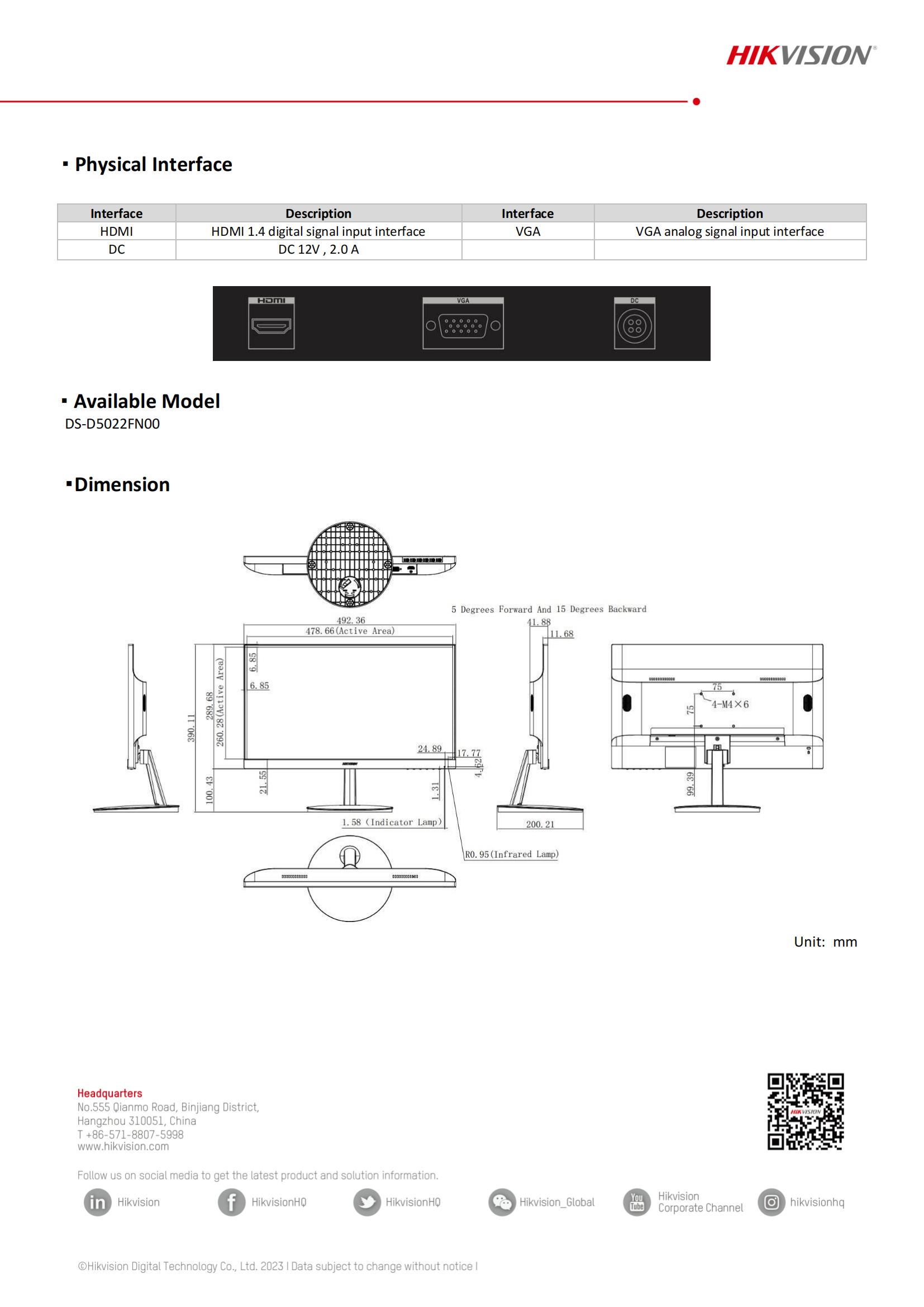 Hikvision 21.5 inch FHD Borderless Monitor Dual interface of HDMI and ...