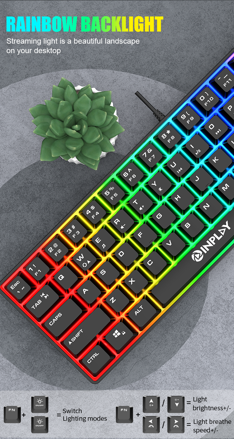 Inplay BK680 RGB Gaming Keyboard Rainbow Light Waterproof Smooth ...