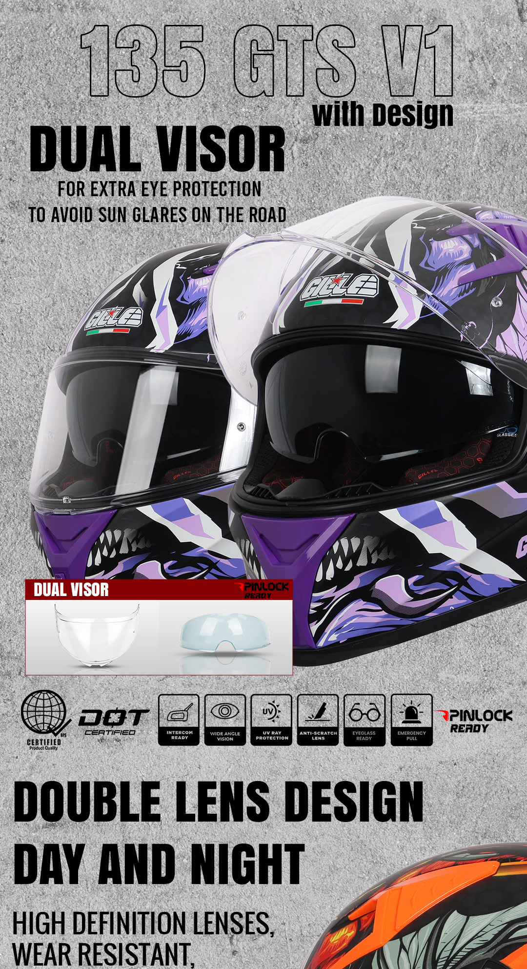 Gille Helmet 135 GTS V1 REED Motorcycle Helmet Full Face Dual Visor ...