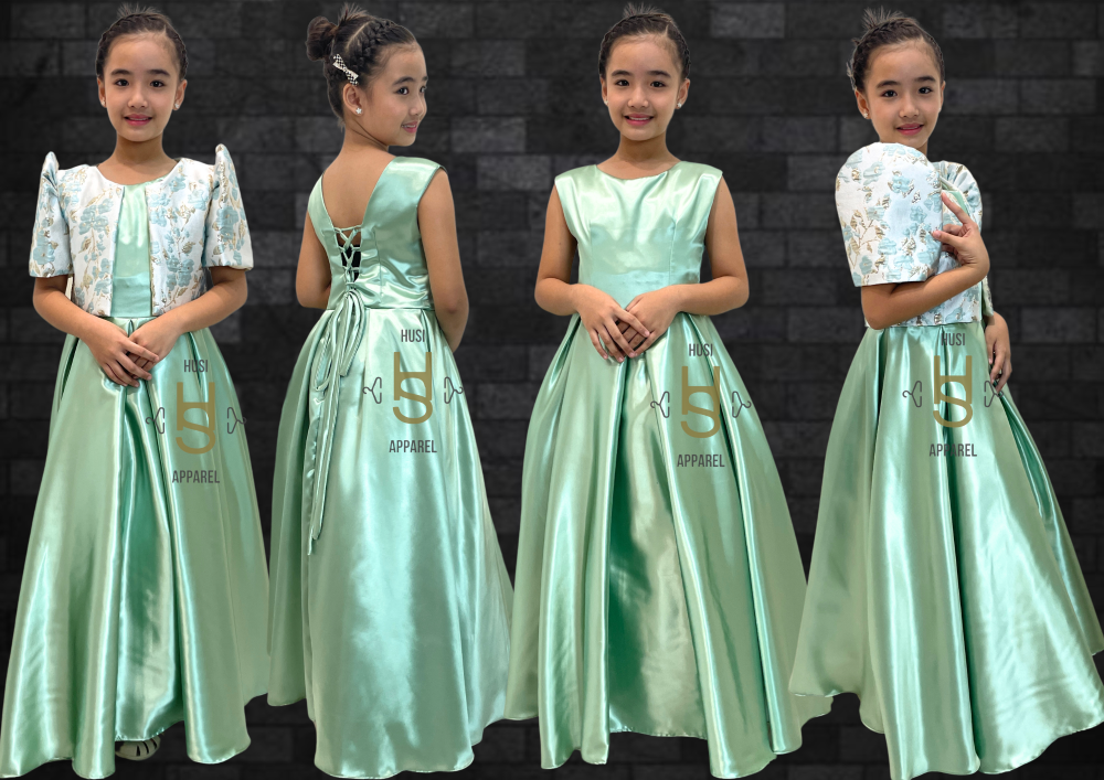 SAGE GREEN BROCADE FILIPINIANA BOLERO AND HEAVY SATIN DRESS FOR KIDS ...