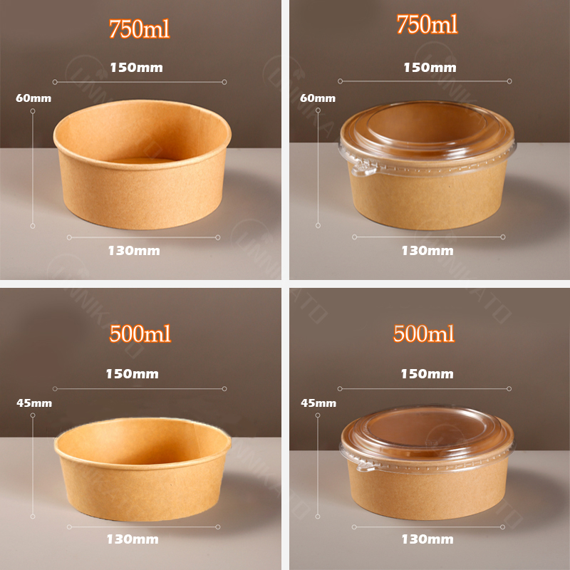 Kraft Salad Bowl 50 Pcs Round Disposable Paper Bowl with Plastic Lid ...