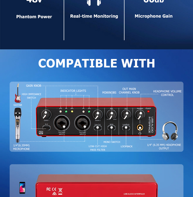 2 Channel USB Audio Interface 24-Bit/192kHz +48V Phantom Power Live Streaming Recording Sound ...