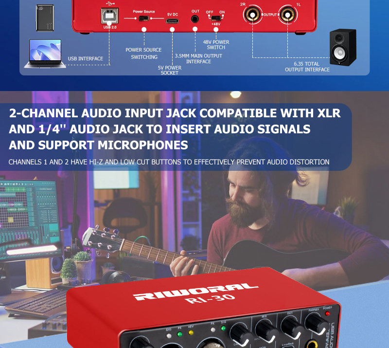 2 Channel USB Audio Interface 24-Bit/192kHz +48V Phantom Power Live ...
