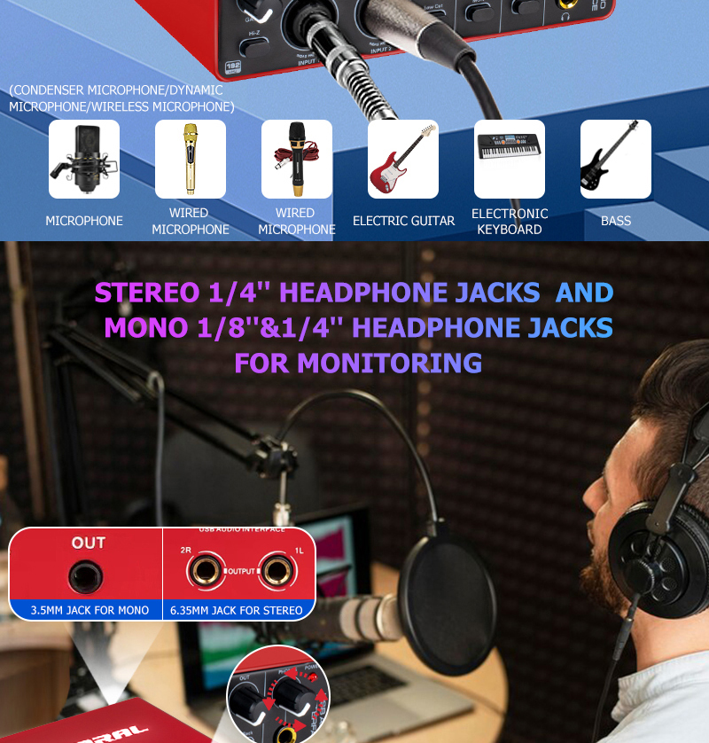 2 Channel USB Audio Interface 24-Bit/192kHz +48V Phantom Power Live ...