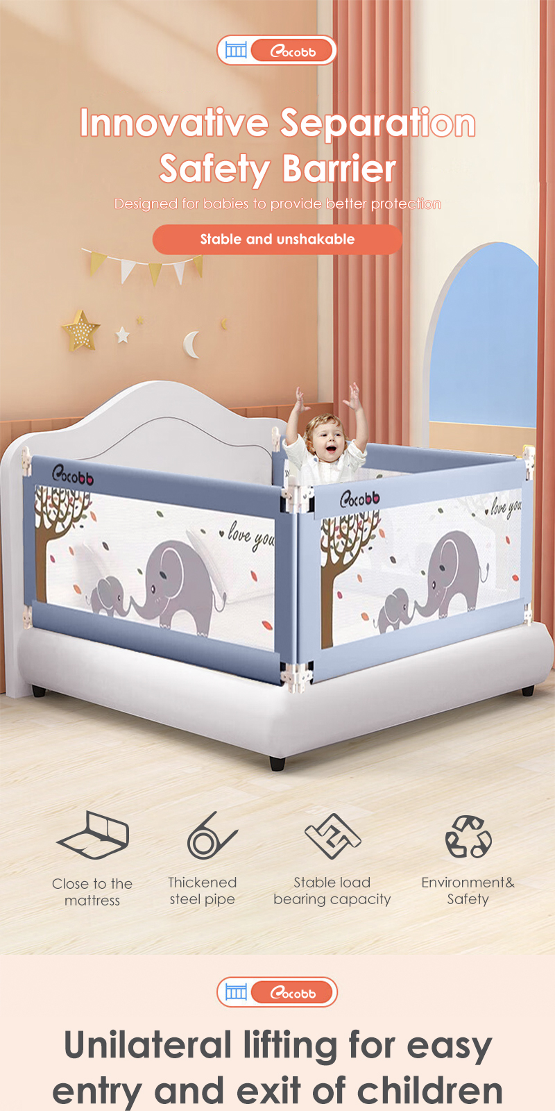 COCOBB Baby Rails Anti Fall Guard Vertical Lift Adjustable Heigh Queen/King Size Baby Bed ...