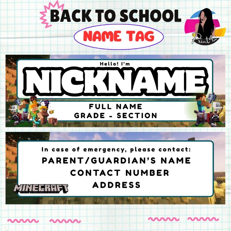Name Tag Minecraft Laminated - Nameplate for students Back to school ...