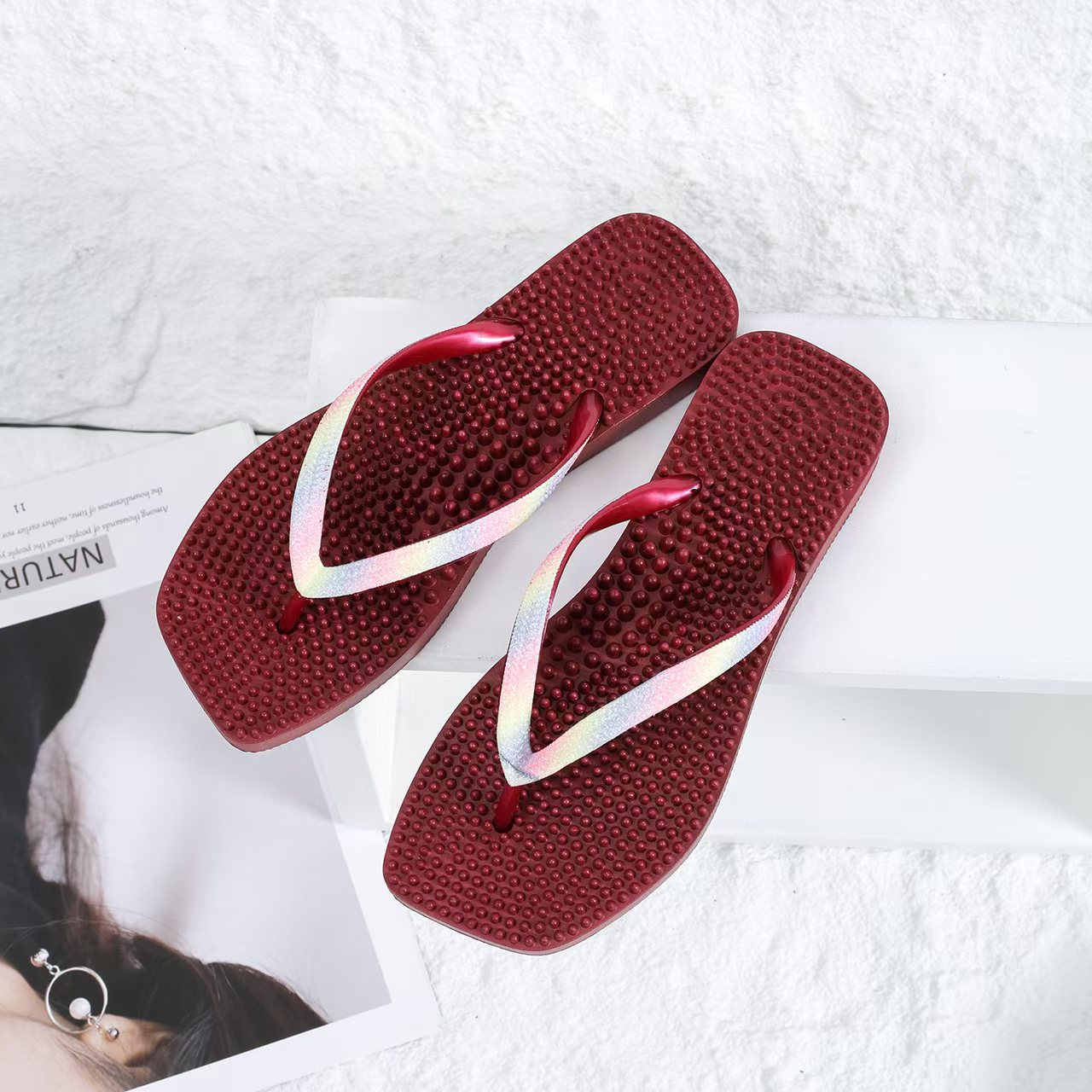 MX-SLIPPER Massage sole Bling strips Non-slip women's slippers flat ...