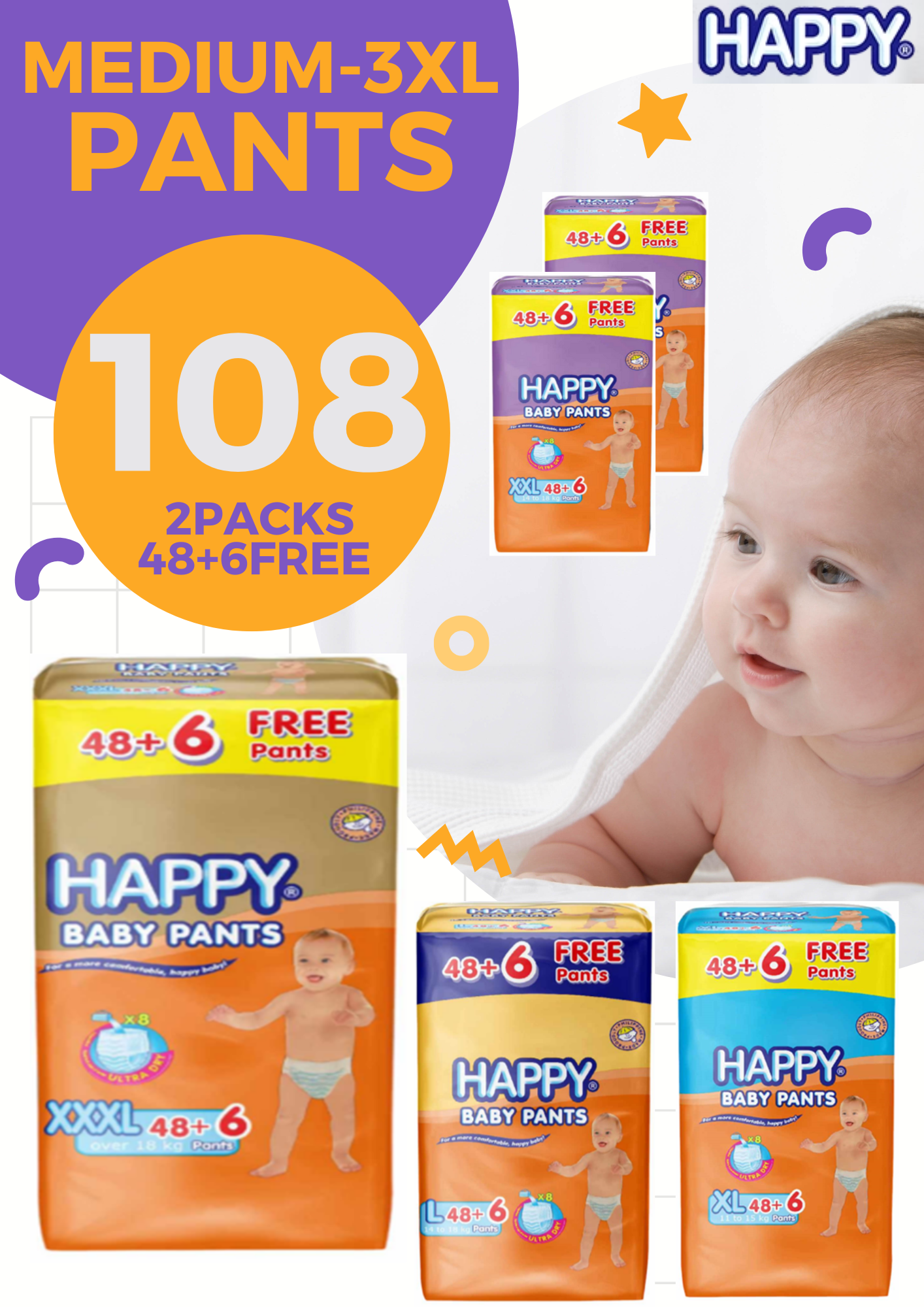 HAPPY BABY PANTS DIAPER JUMBO PACK by 108pads (2 PACKS) | Shopee Malaysia