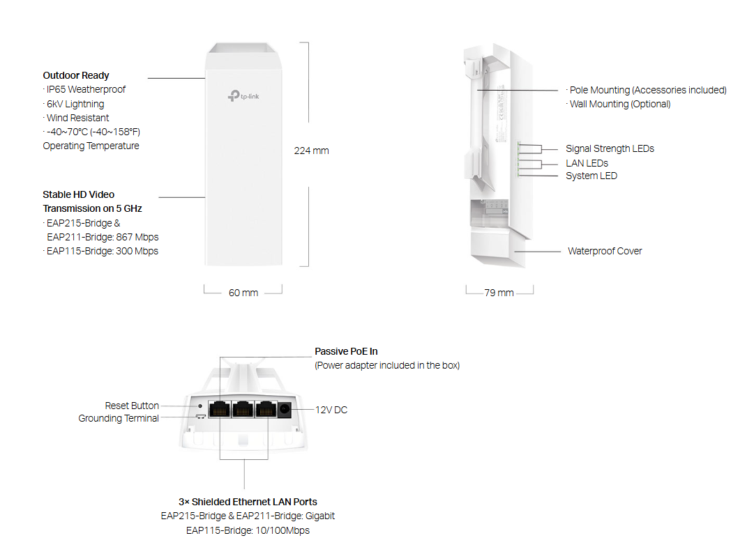 TP-Link EAP115-Bridge Kit Omada Wireless Bridge 5GHz 300 Mbps Long-Range Indoor/Outdoor Access ...