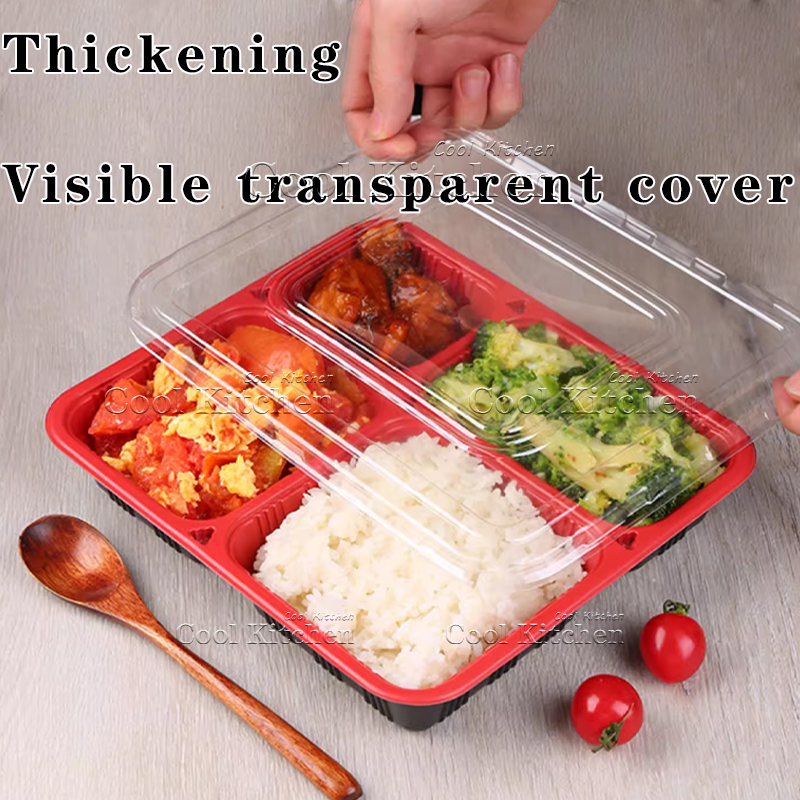 (50PCS) Red bento box with free lid 1/2/3/4/5 grid takeaway packaging ...